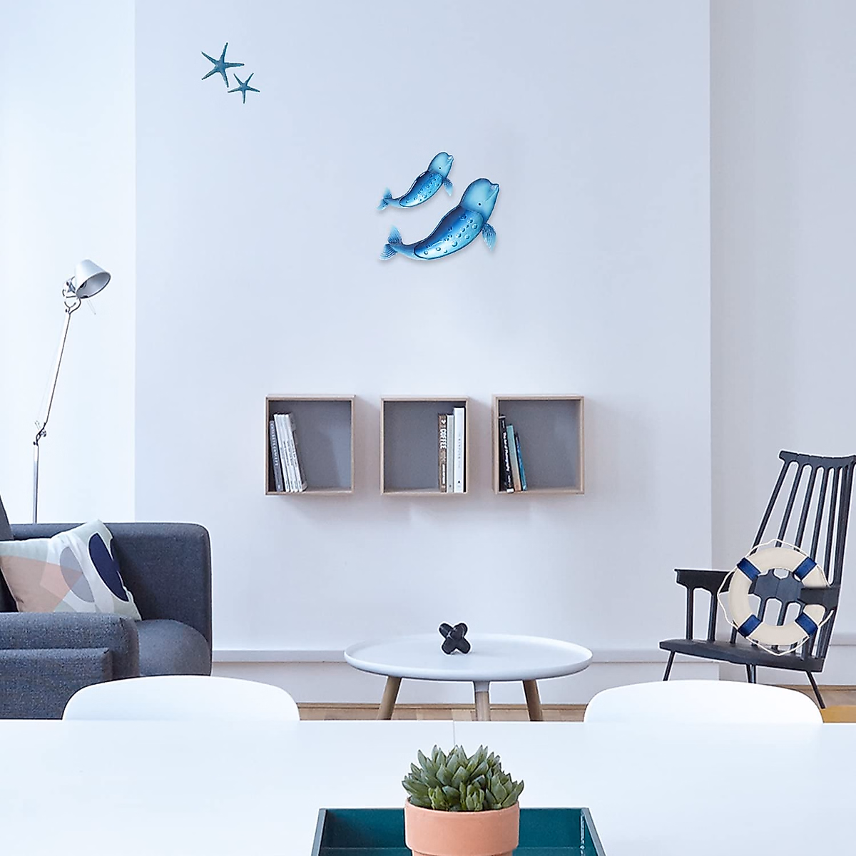 LIFFY Metal Dolphin Wall Decor 15inch Coastal Sculpture Art Hanging for Indoor Bathroom Outdoor Beach Garden Pool,Set of 2