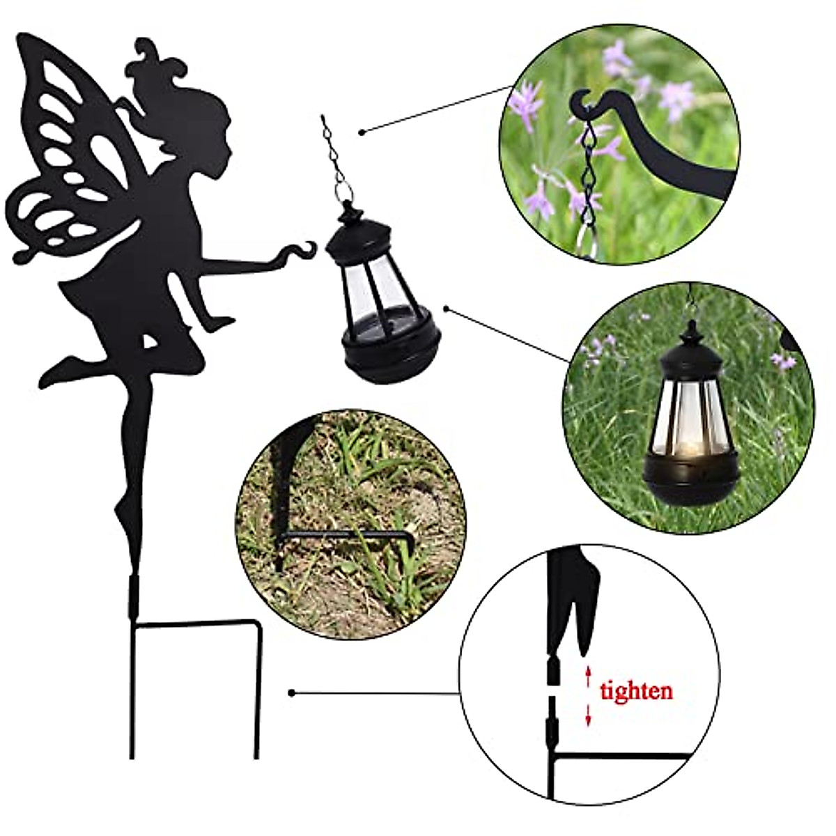 Poweka Fairy Garden Decor Solar Light, Metal Statues Solar Landscape Lights Outdoor Waterproof Hanging Lantern for Lawn Patio Yard Walkway Front Porch Decoration （2Pack）