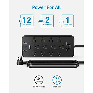 Surge Protector Power Strip (2100J), Anker 12 Outlets with 1 USB C and 2 USB Ports foriPhone 15/15 Plus/15 Pro/15 Pro Max, 5ft Extension Cord, Flat Plug, 20W USB C Charging for Home, Office,TUV Listed