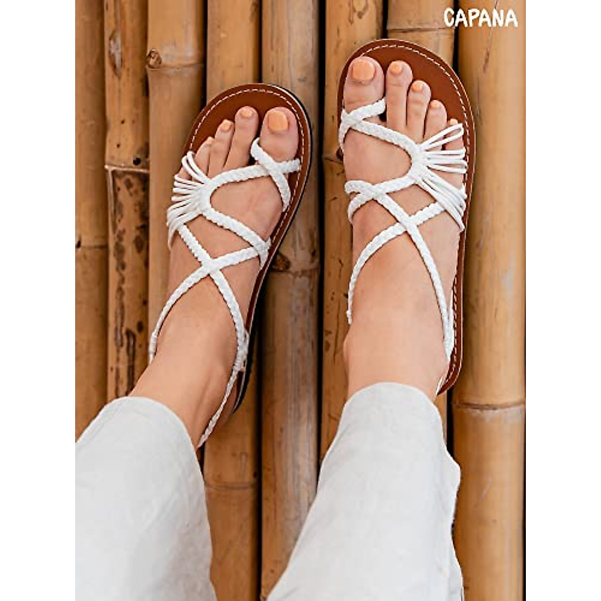 Capana Sandals (10) Woven Women's Flat Sandals - Strappy Braided Sandals , Beach Sandals for Women Dressy Summer , Rope Bohemian Sandals, Spring Casual Womens Shoes , Comfy Boho Flats for Teen Girls – White (Banyan)