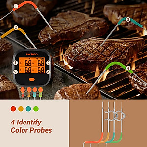 Inkbird WiFi Grill Meat Thermometer IBBQ-4T with 4 Colored Probes, Wireless Barbecue Meat Thermometer with Calibration, Timer, High and Low Temperature Alarm for Smoker, Oven, Kitchen, Drum