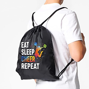 Pishovi Eat Sleep Cheer Repeat Sports Bag Drawstring Waterproof Backpack, Cheerleading Sports Bag for Woman, Cheerleading Gifts for Girl Cheerleaders Team Mom Gift, Cheerleading Lover Gift Idea
