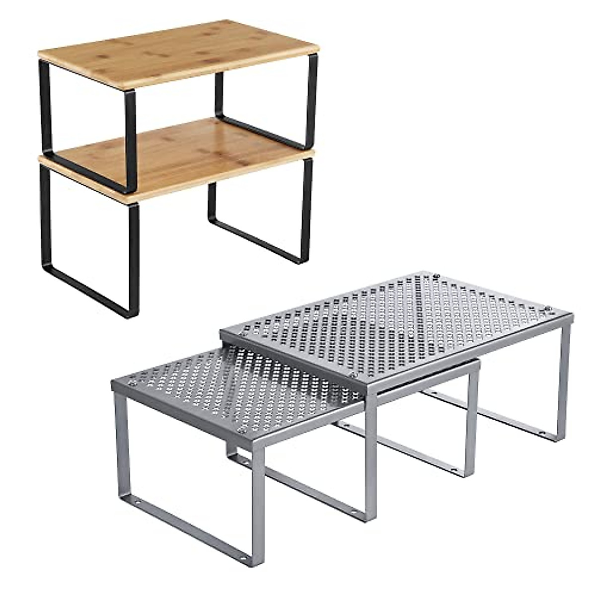 SONGMICS Bamboo Shelf Organizers and Metal Shelf Organizers Bundle, Stackable, Expandable Kitchen Shelves, Black and Natural and Silver UKCS02NB and UKCS01SV