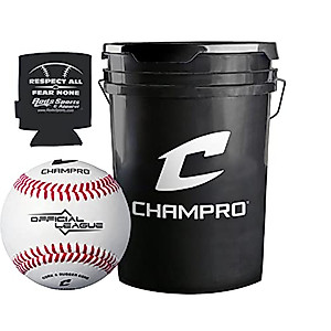 CHAMPRO CBB-40 Genuine Leather Cover Baseballs in a Black Bucket – 30 Balls and one Rods Can Sleeve Included.