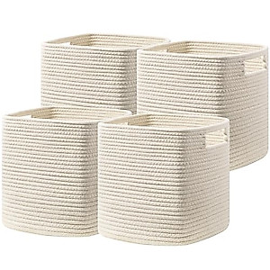 UBBCARE Set of 4 Storage Basket-11 X 10.5 X 10.5 In, Cotton Rope Basket for Shelves, Toys, Book, Cube Storage Bins with Handles, Woven Storage Basket for Organizing, Beige