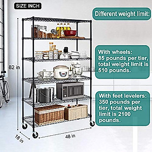 6 Tier Wire Rack Storage Shelves Metal Shelf Wire Shelving Unit with Wheels Heavy Duty NSF Utility Shelves Height Adjustable Kitchen Garage Shelf Racks, 82"x 48"x 18", Black