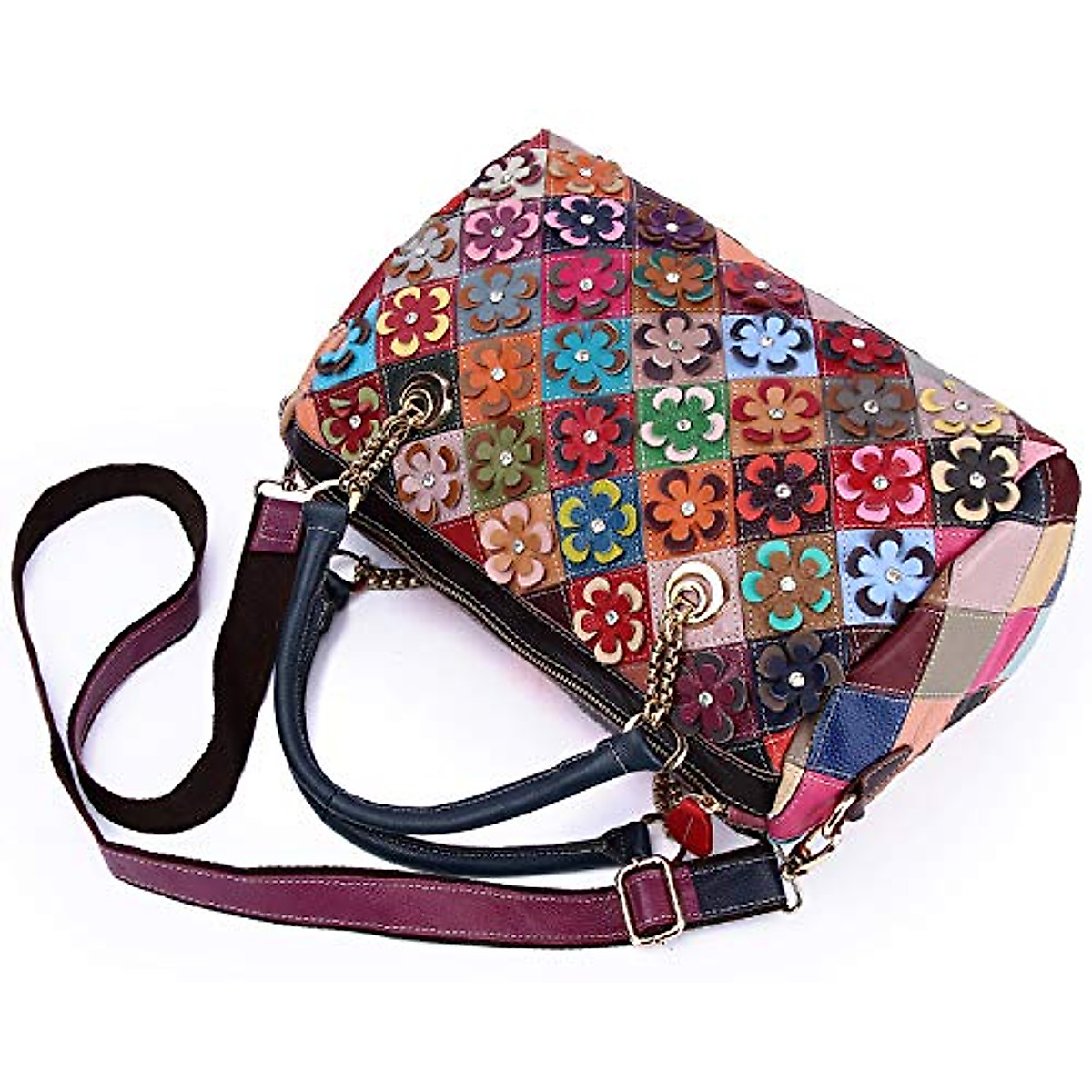 Segater® Women’s Multicolor Floral Boston Bag Genuine Leather Hobo Purses Colorful 3D Splicing Shoulder Bag Ladies Crossbody Bags