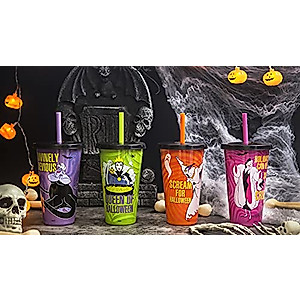 Zak Designs Disney Villains Halloween Glow in the Dark Tumbler Set with Lid and Straw for Cold Drinks, Funny Cups Made of Durable and Reusable Plastic, Great Gift for Fans (25 oz, Set of 4)