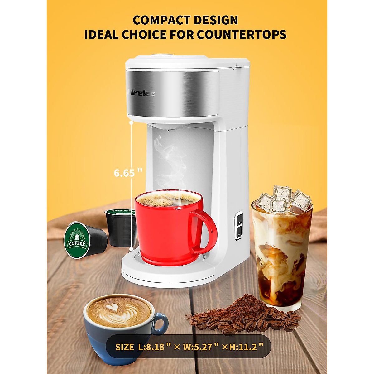 Hrelec 2 in 1 K Cup Coffee Maker, Iced Single Serve Coffee Maker for Capsule and Ground Coffee, Pod Coffee Maker One Cup Small Coffee Machine with Self-Cleaning Function, 8-14 oz Brew Size