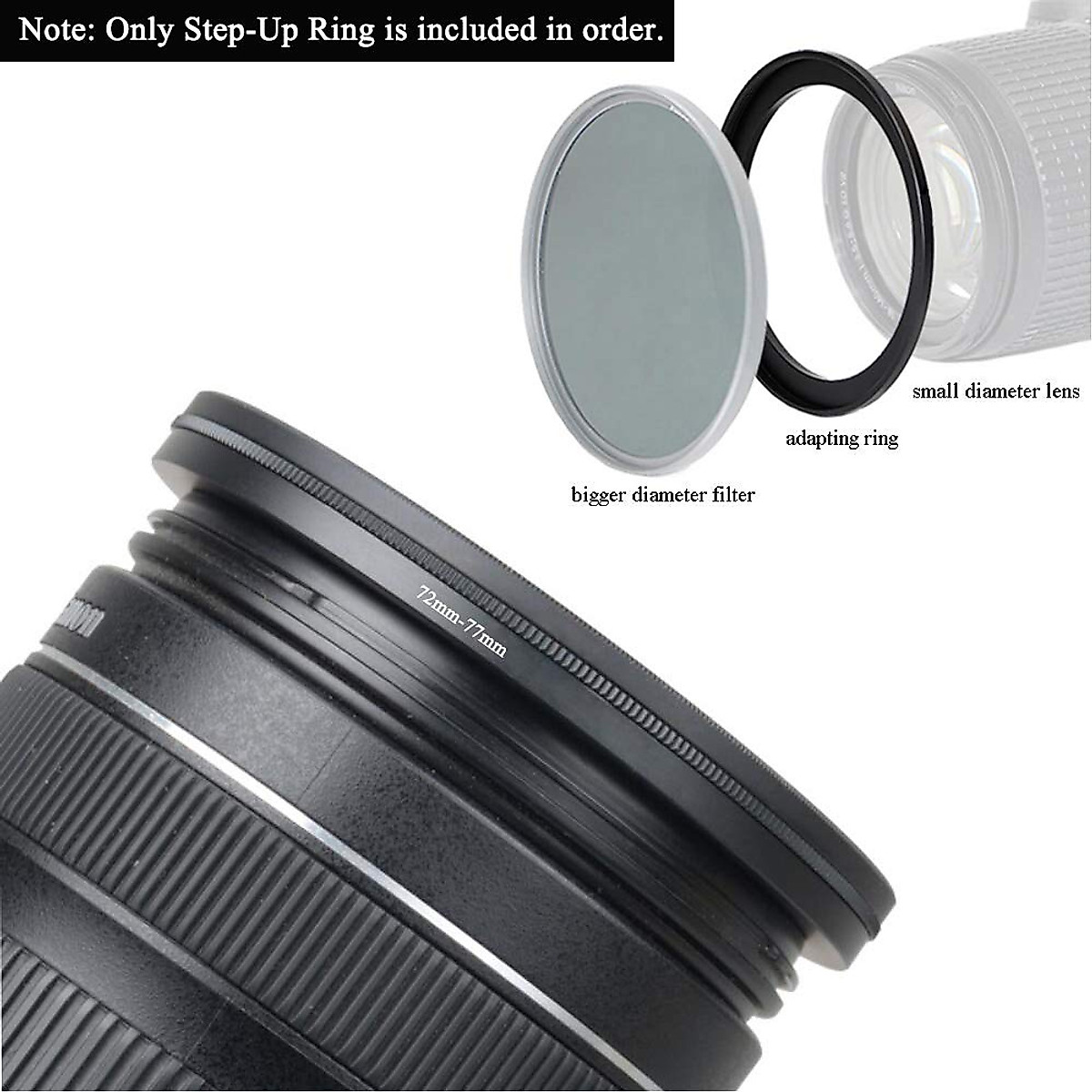 72mm-77mm Step Up Ring(72mm Lens to 77mm Filter, Hood,Lens Converter and Other Accessories) (2 Packs), Fire Rock 72-77 Aerometal Camera Lens Filter Adapter Ring…