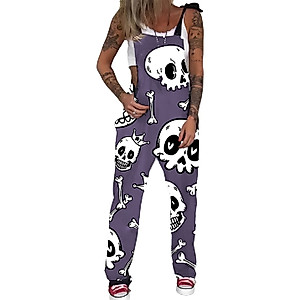 PAODIKUAI Women's Casual Skull Printed Overalls Loose Rompers Jumpsuit with Pockets (A2, X-Large, x_l)