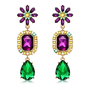 Mardi Gras Earrings for Women, Rhinestone Mardi Gras Accessory, Purple Green Gold Crystal Earrings Fat Tuesday Carnival Parade Party Jewelry Gifts (Style B)
