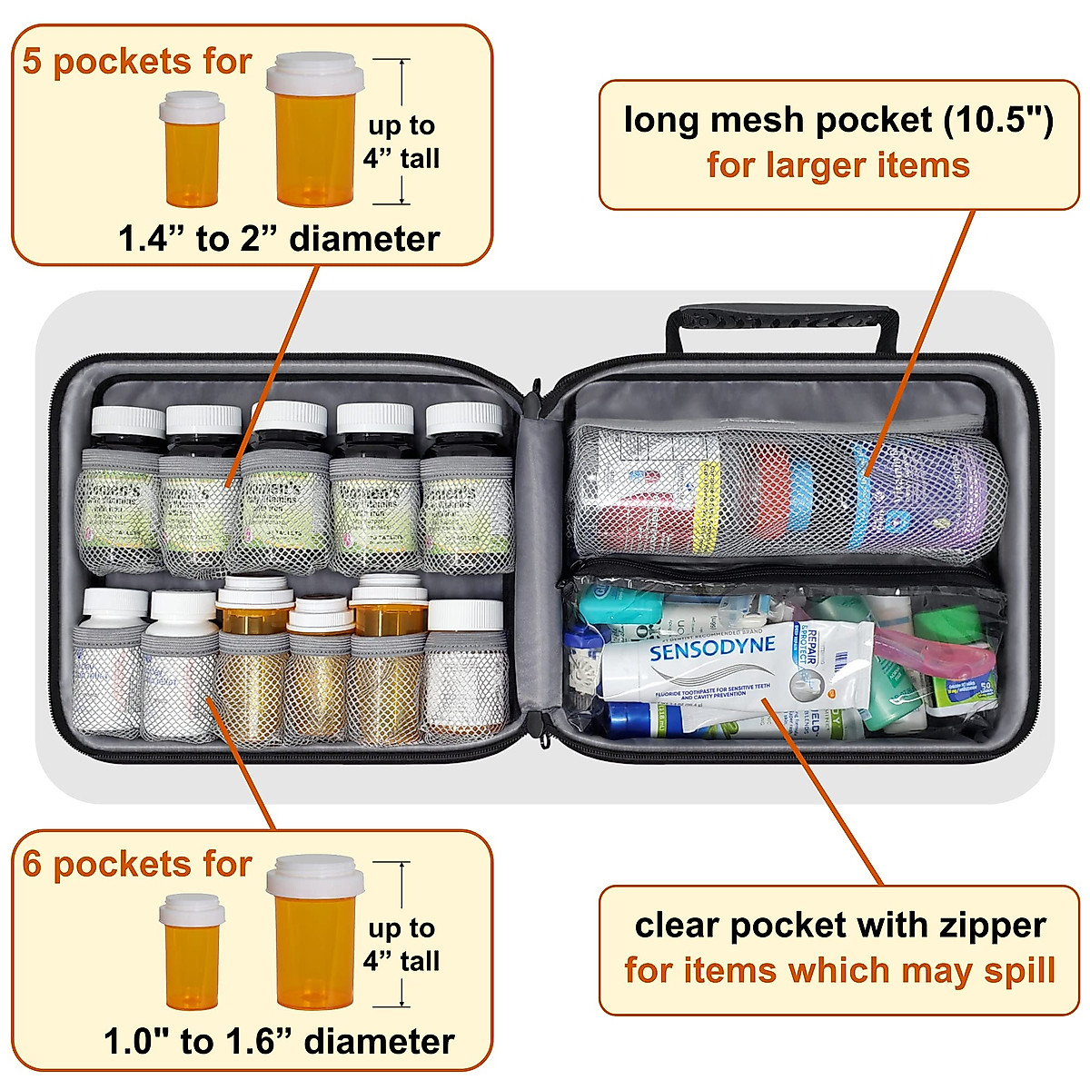 StarPlus2 Select Large Pill Bottle Organizer with Pill Cutter, Medicine Bag, Case, Carrier for Medications, Vitamins, and Medical Supplies with Fixed Pockets – for Home Storage and Travel - Purple