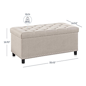BELLEZE 35 Inch Button-Tufted Ottoman Linen Storage Bench with Safety Close Hinge for Living Room, Entryway, Hallway, Foot Rest, Support 300lbs - Beige