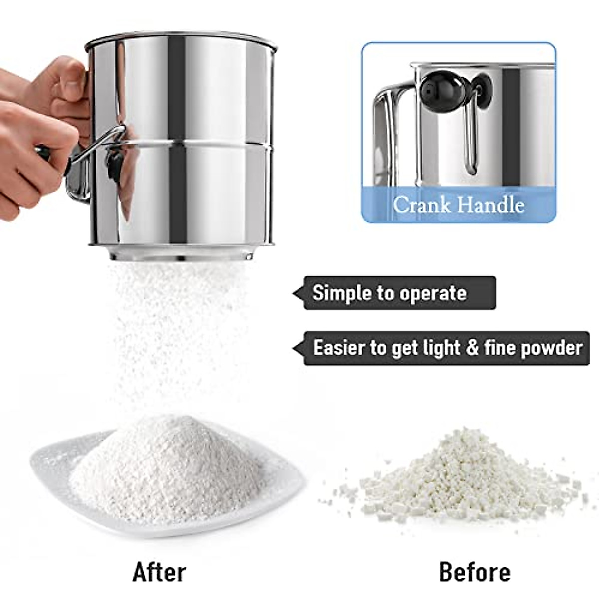 PIQUEBAR Flour Sifter - 5 Cup Fine Mesh Hand Crank Sifter Stainless Steel with Agitator Wire Loop for Baking, Powdered Sugar Duster Set
