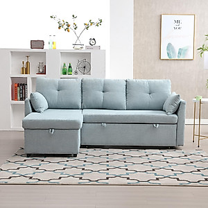 Chenille Couch with Pull Out Sofa Bed, Sleeper Sofa with Storage Chaise Lounge, Sectional Couch with Comfy Pillows and Pockets, Convertible L Shape Couches for living room, Bedroom, Office, Mint Green