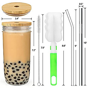 4 Pack Glass Cups Set - 24oz Mason Jar with Bamboo Lids and Glass Straw & 12 Airtight Lids, Brush - Boba Drinking Glasses, Reusable Travel Tumbler Bottle for Iced Coffee, Smoothie, Bubble Tea, Gift