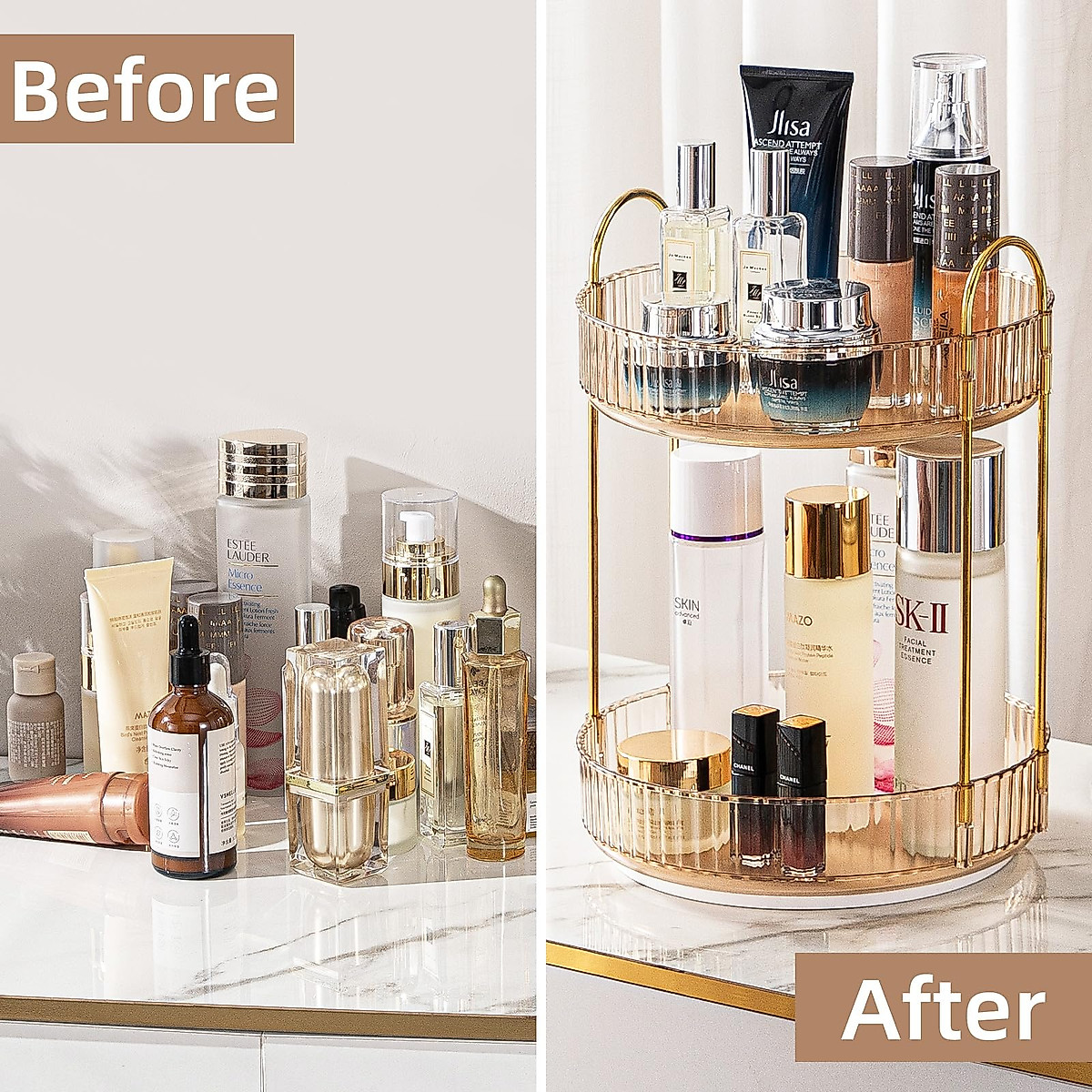 360° Rotating Bathroom Vanity Organizer for Makeup, Perfumes, and Skincare - Spinning Countertop Storage with Gold Accents