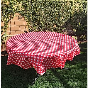 Oojami Pack of 4 Plastic Red and White Checkered Plastic Disposable Table Cloths for Parties 4 Pack - Picnic Table Covers (78" Round)