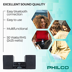 Philco Stereo Shelf Systems Tray Loading CD Player with Digital FM Radio, Bluetooth Streaming, Remote Control in Black | LCD Display | 3.5mm Headphone Jack | MP3 & AUX Port Compatible | USB Input