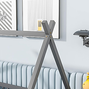 DreamBuck Twin Size Toddler Floor Bed, Montessori Floor Bed with Fence and Safety Guardrails, Solid Pine Tent-Shaped Floor Bed Frame for Kids Toddlers Girls Boys, Wood Slat Support, Grey