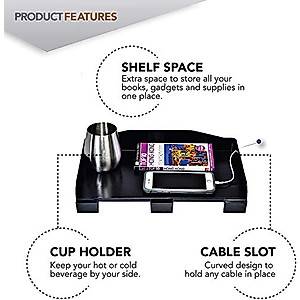 Modern Innovations Bedside Shelf for Bed, College Dorm Room, Bunk Bed Shelf for Top Bunk, Clip On Nightstand Tray with Cord and Cup Holder, Bunkbed Caddy for Table Storage (Black)