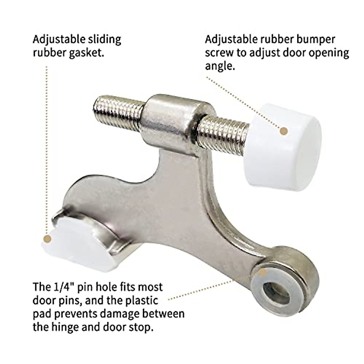 10 Pack Hinge Door Stoppers, Heavy Duty Door Stopper Hinge, Rubber Bumper Tips, Zinc Alloy, SN (Silver)