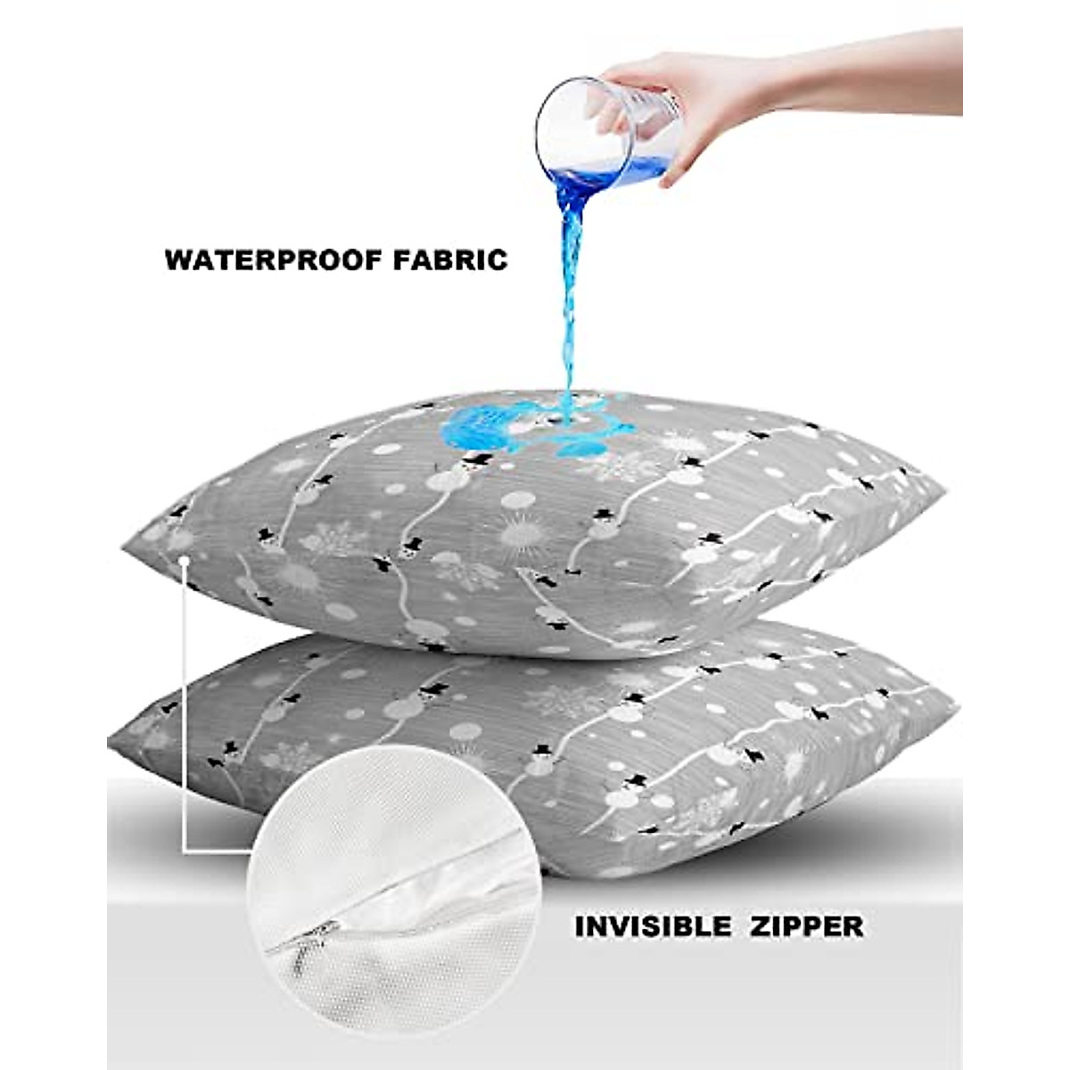 Christmas Outdoor Pillow Covers Snowman Snowflake Waterproof Lumbar Pillowcases Set of 2 Chritsmas Lights Grey Background Decorative Patio Furniture Pillows 16x16 inch x 2pcs