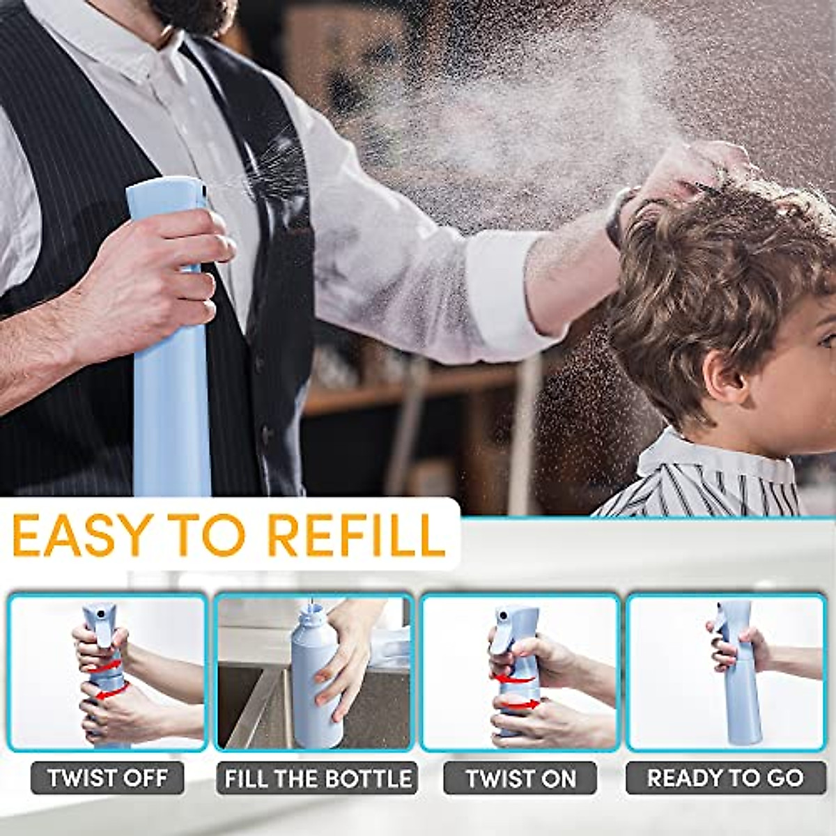Hula Home Continuous Spray Bottle (10.1oz/300ml) Empty Ultra Fine Plastic Water Mist Sprayer – For Hairstyling, Cleaning, Salons, Plants, Essential Oil Scents & More - Light Blue