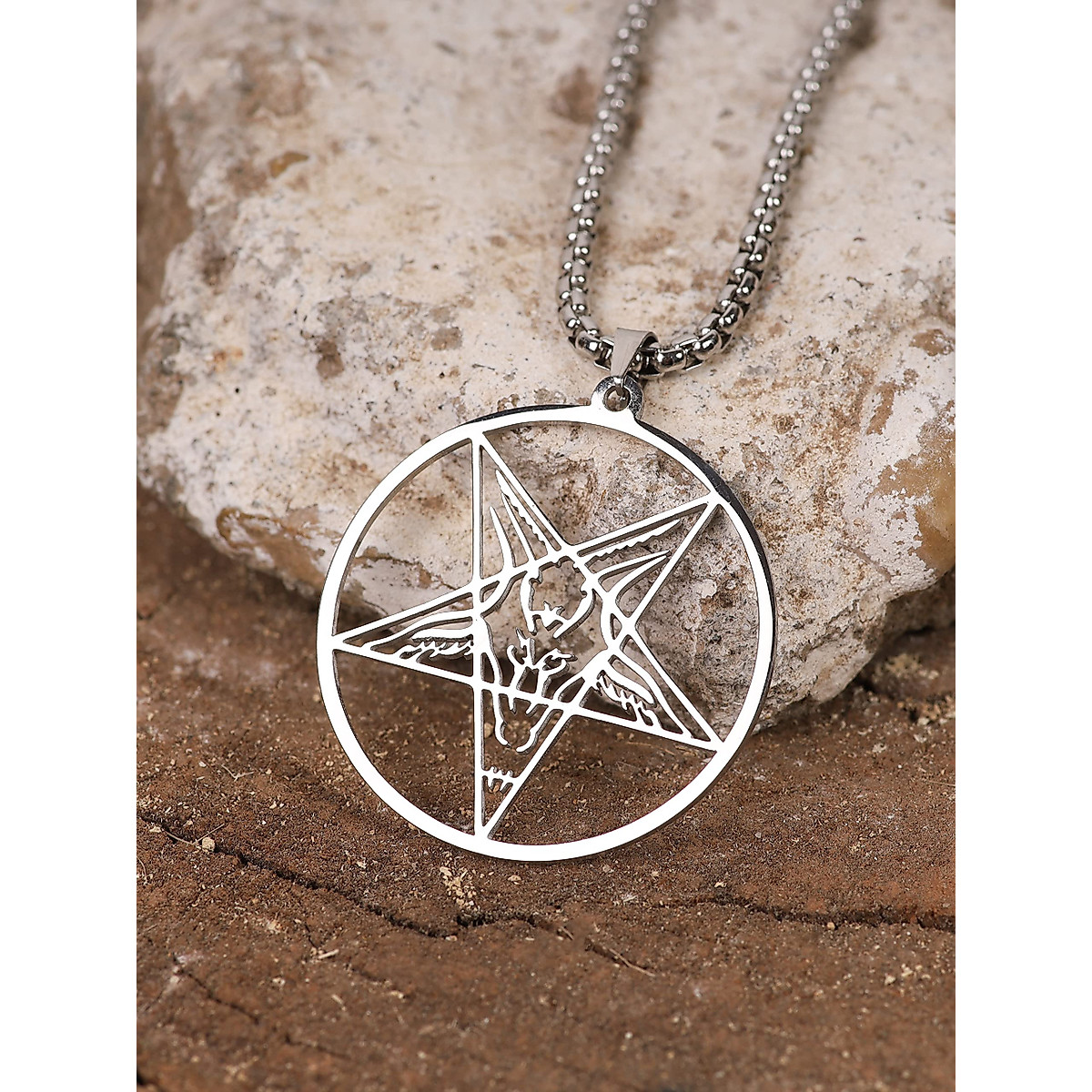 HAQUIL Satanic Necklace, Stainless Steel Hollow Sigil of Baphomet Pendant, Box Chain, Satanic Jewelry