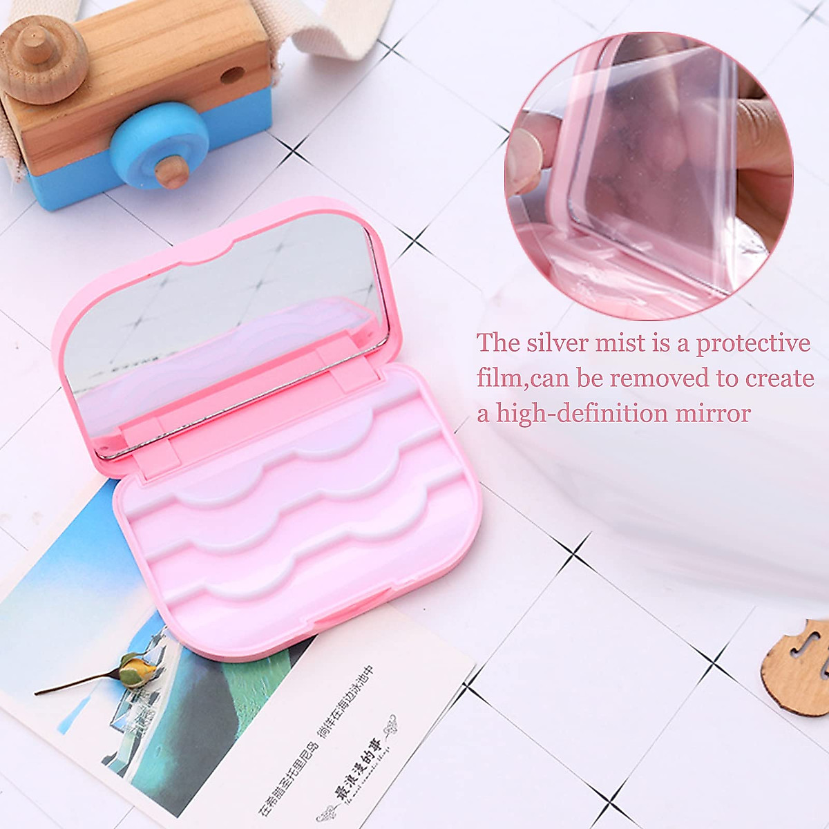 Lash Mirror, AREMOD Eyelash Case 3 Layer False Eyelash Holder Case Lash Organizers and Storage Empty Travel Cosmetic Eyelash Container with Mirror for Makeup(Pink)