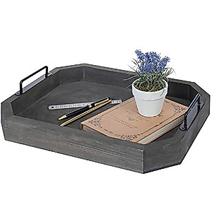 MyGift 16-Inch Vintage Gray Wood Serving Tray with Decorative Black Metal Handles