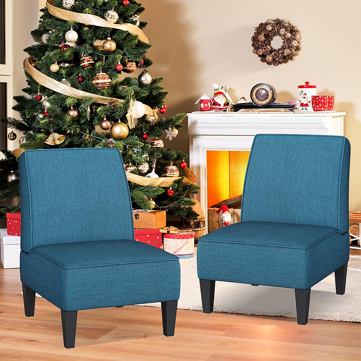 ALISH Accent Chairs Set of 2 Upholstered Living Room Chairs Armless Side Chairs Bedroom Chairs with Curved Backrest and Wooden Legs Blue