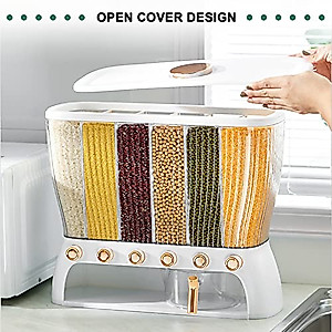 JIAWANSHUN Rice Dispenser Food Storage Container 6 Grids Bulk Rice Organizer Box Countertop Rice Holder Kitchen Dispenser Keeper for Grains Beans Corns
