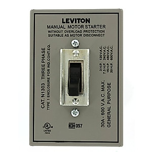 Leviton N1303-DS 30 Amp, 600 Volt, Toggle Three-Pole AC Motor Starter, Suitable as Motor Disconnect, In Type 1 Metal Enclosure, Industrial Grade, Grounded, Gray