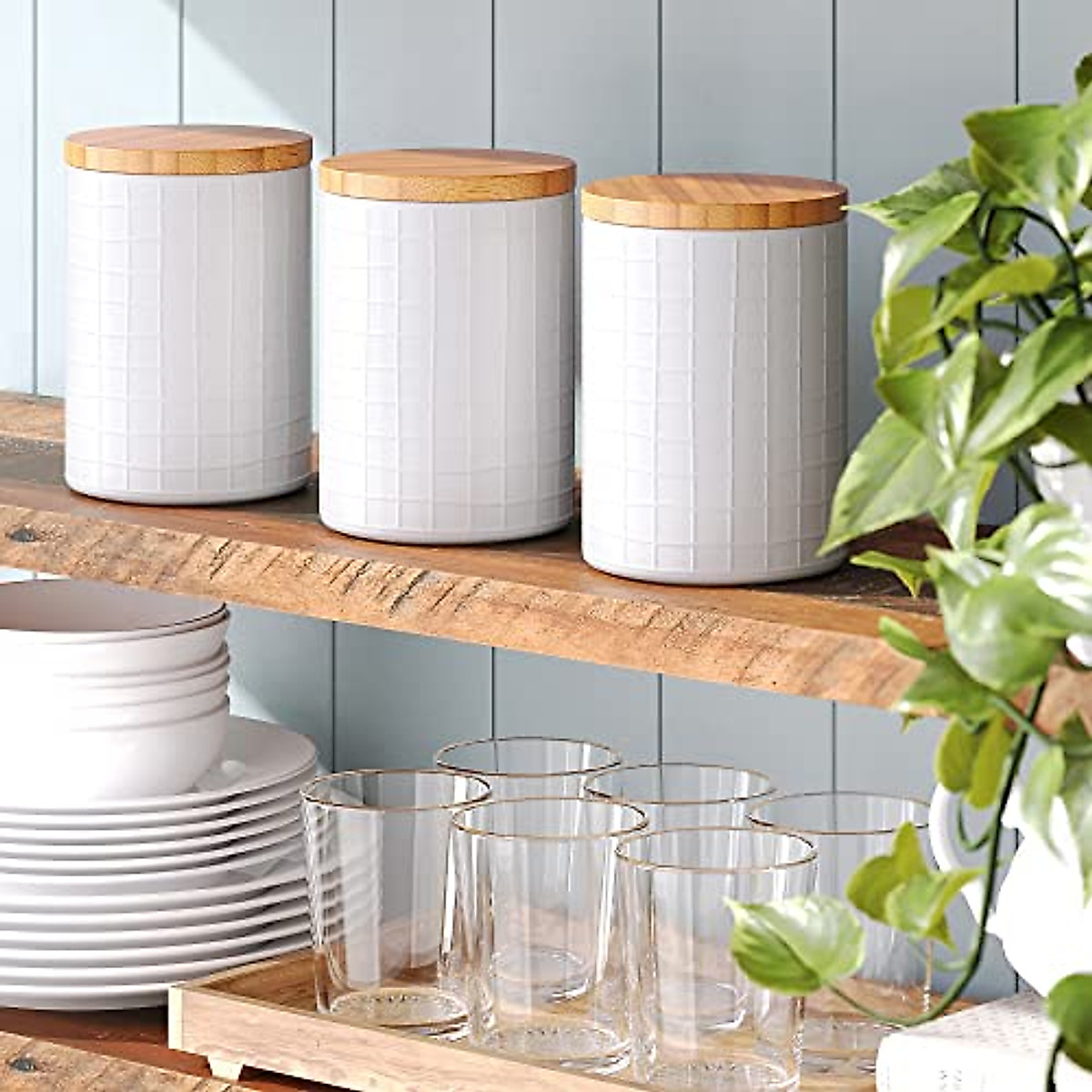 Barnyard Designs White Canister Sets for Kitchen Counter Vintage Kitchen Canisters, Country Rustic Farmhouse Decor for the Kitchen, Coffee Tea Sugar Farmhouse Kitchen Decor, Metal/Bamboo Lid Set of 3