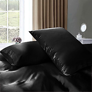 Cloud Fino Silk Satin Bed Linen Set, King, Deep Pocket, Black, 4pcs Including Fitted Sheet & Duvet Cover