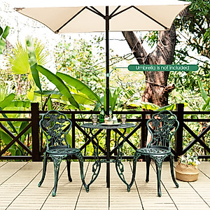 HAPPYGRILL 3-Piece Outdoor Bistro Set Rust-Resistant Cast Aluminum Table and Chairs with Elegant Rose Pattern, Outdoor Furniture Set with 1.9” Umbrella Hole for Balcony Backyard Garden Deck