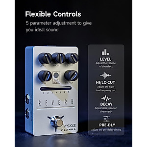 FLAMMA FS02 Reverb Pedal Stereo Guitar Effects with 7 Storable Preset Slots 7 Reverb Effects Room Hall Church Cave Plate Spring Mod True Bypass Trail On