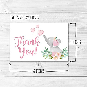 Hadley Designs 24 Pink Floral Elephant Baby Shower Thank You Cards With Envelopes, Kids Thank You Note, Vintage Animal 4x6 Varied Gratitude Card Pack For Party, Modern Event Stationery