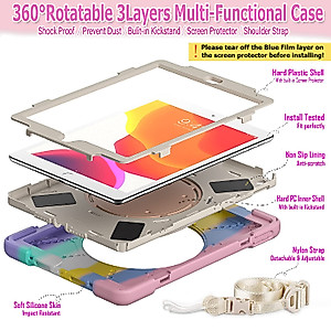 LX-SUNCX for iPad 10.2 Case 9th Generation 2021 / 8th Gen 2020 / 7th 2019,Shockproof Kids Case with Screen Protector,Rotating Stand/Pencil Holder/Shoulder Strap for iPad 10.2 Inch - Colourful Pink