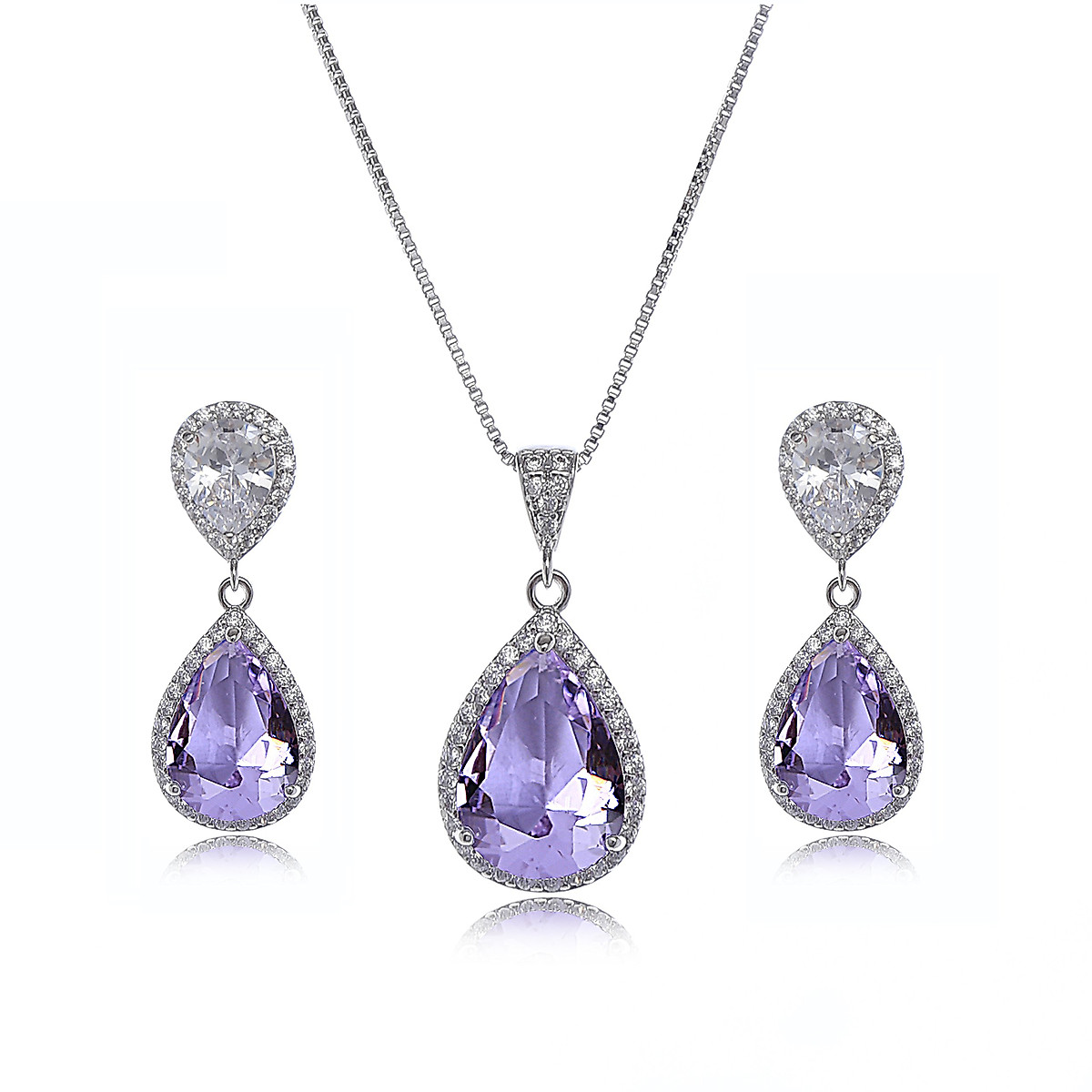 AMYJANE Wedding Jewelry Set for Bride - Sterling Silver Teardrop Amethyst Purple Cubic Zirconia Crystal Rhinestone Necklace Earrings Set Bridal Jewelry Set for Bridesmaids February Birthstone Jewelry