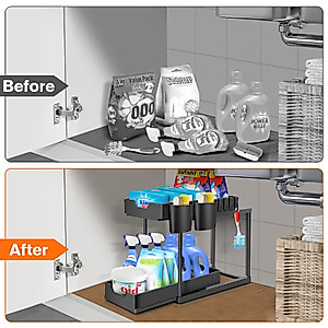 VTVTKK Double Sliding Cabinet Organizer Drawer, Under Sink Organizers and Storage, 2 Tier Under Sink Organizer with 4 Hooks, 2 Hanging Cups, Bathroom Cabinet Organizer for Kitchen Bathroom Cabinet
