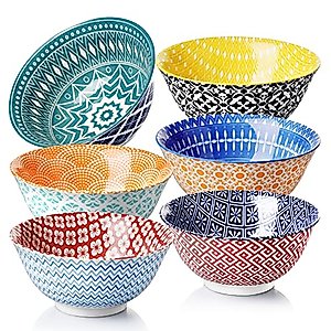 Teocera Cereal Bowls, Soup Bowls, Porcelain Multicolor Bowl Set, 18 Ounce for Cereal, Soup, Oatmeal, Salad, Dessert, Set of 6