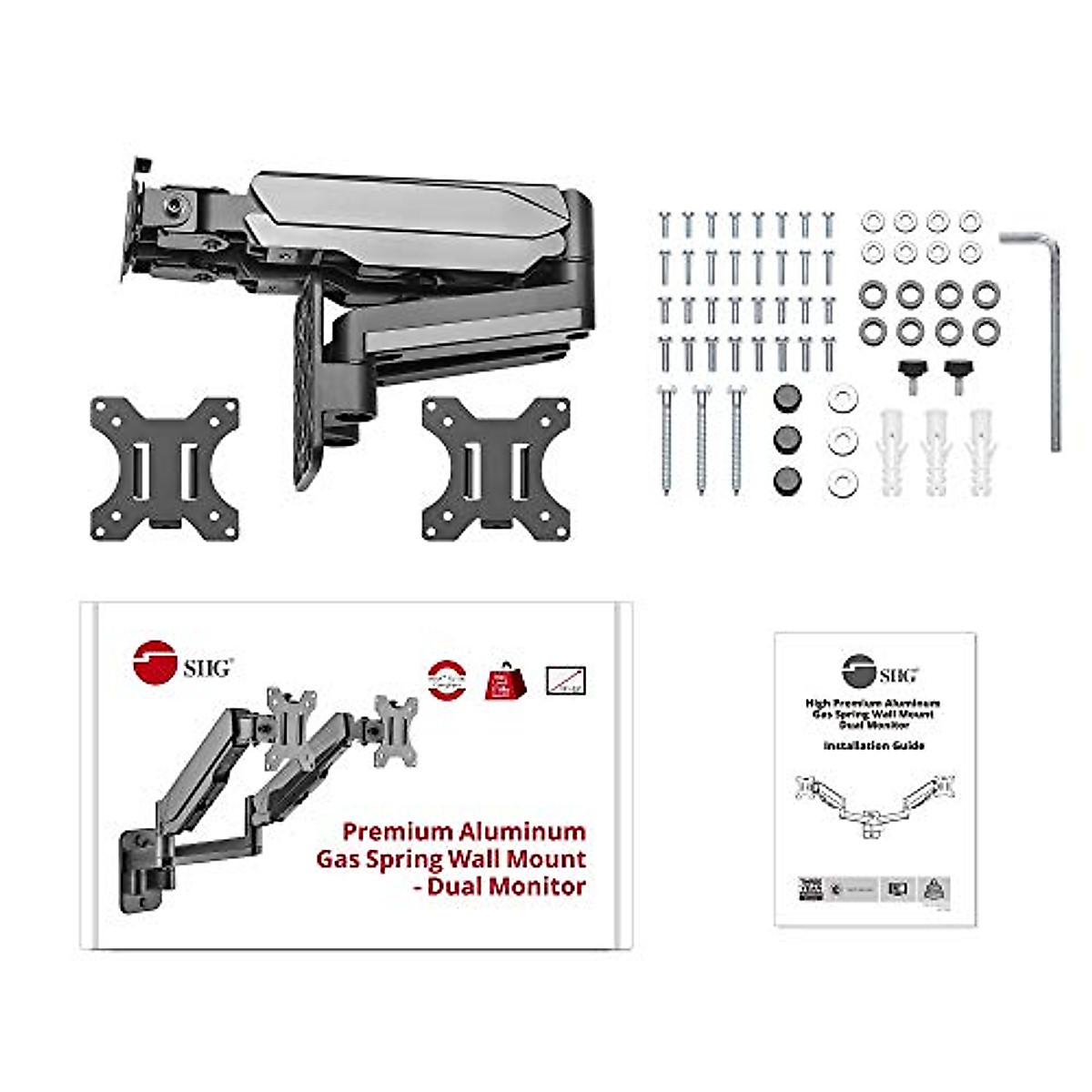 SIIG Aluminum Gas Spring Monitor Wall Mount - Heavy Duty Hold 17" to 32" Screens, Up to 19.8 lbs, VESA 75x75 or 100x100 (Dual Arm)