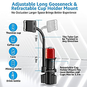Car Cup Holder Phone Mount, 2 in 1 Universal Cell Phone Mount for Car, Adjustable Long Gooseneck Phone Holder 360° Strong Cup Holder for Car, Compatible with All 4.7''-8.2'' Smartphone Pad Devices