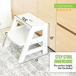 KidzWerks Kids Step Stool for Toddlers Bathroom Kitchen Potty Wooden Children’s Stepping Standing 2-Step Ladder, White