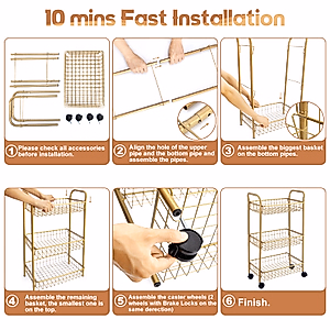 MNOPQ 3 Tier Mesh Rolling Utility Cart, Gold Metal Organization Cart with Lockable Wheels, Multifunctional Storage Trolley Service Cart for Kitchen Living Room Office Salon