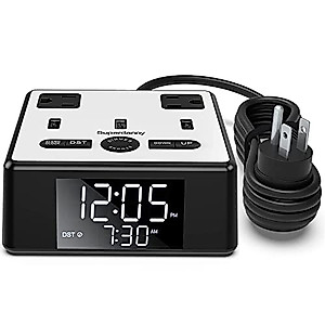 Digital Alarm Clock with 3 USB Charger, SUPERDANNY Desk Charging Station 2 AC Outlets, 6.5ft Cord, Power Strip Surge Protector 1700J, LCD Display, Easy Alarm Setting for Bedroom Dorm Room Hotel