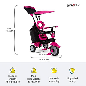 smarTrike Vanilla Plus 4 in 1 Adjustable Kids Baby and Toddler Tricycle Push Bike Ride On Toy for ages 15 Months to 3 Years, Pink